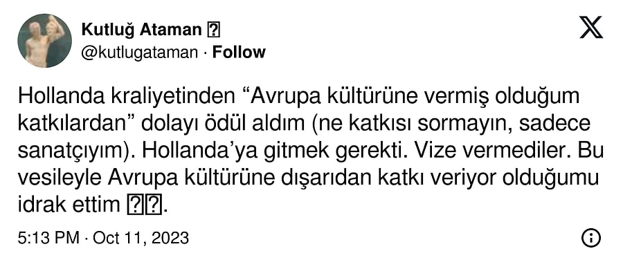 Hollanda Kraliyeti'nden Onur Ödülü Alan Kutluğ Ataman’a Hollanda Vize ...