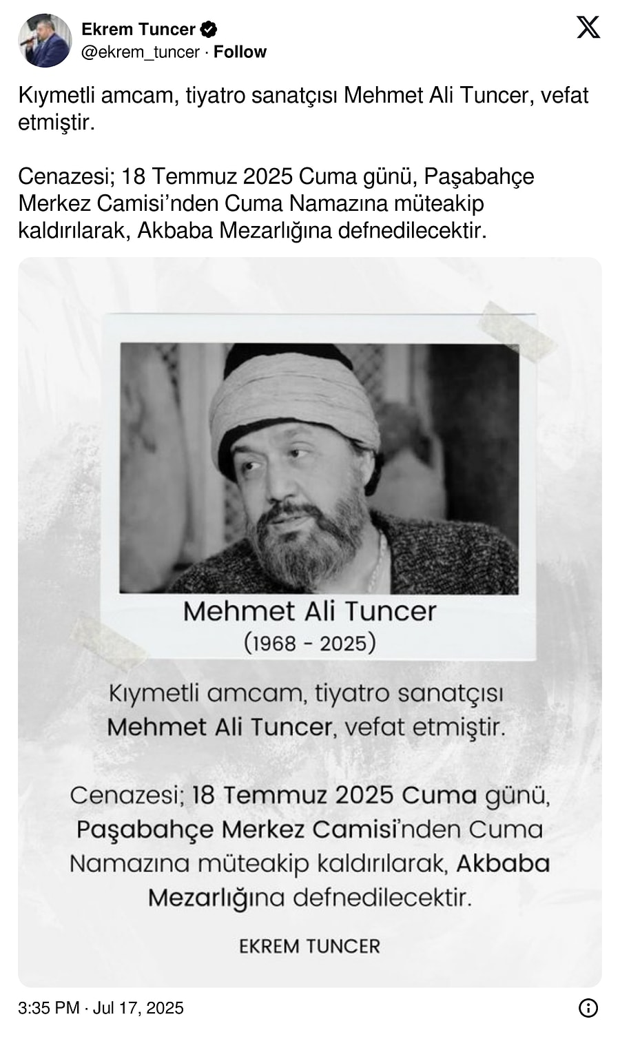 Oyuncu Mehmet Ali Tuncer Hayatını Kaybetti - Onedio